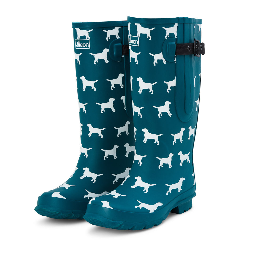 Womens Extra Wide Calf Wellies - Teal with Dogs - Fit 40-57cm calf ...