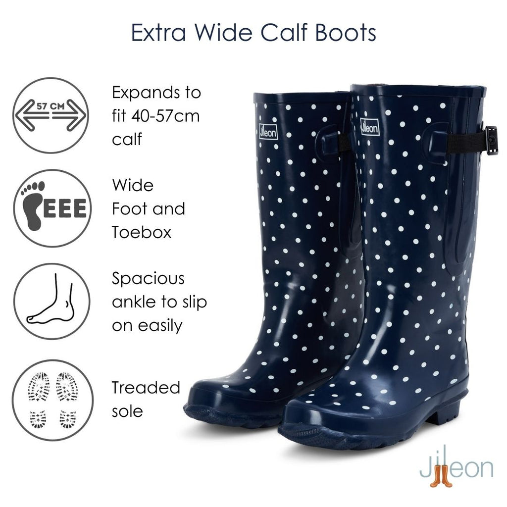 Womens Extra Wide Calf Wellies - Navy Spot - Fit 40-57cm Calf - Wide ...