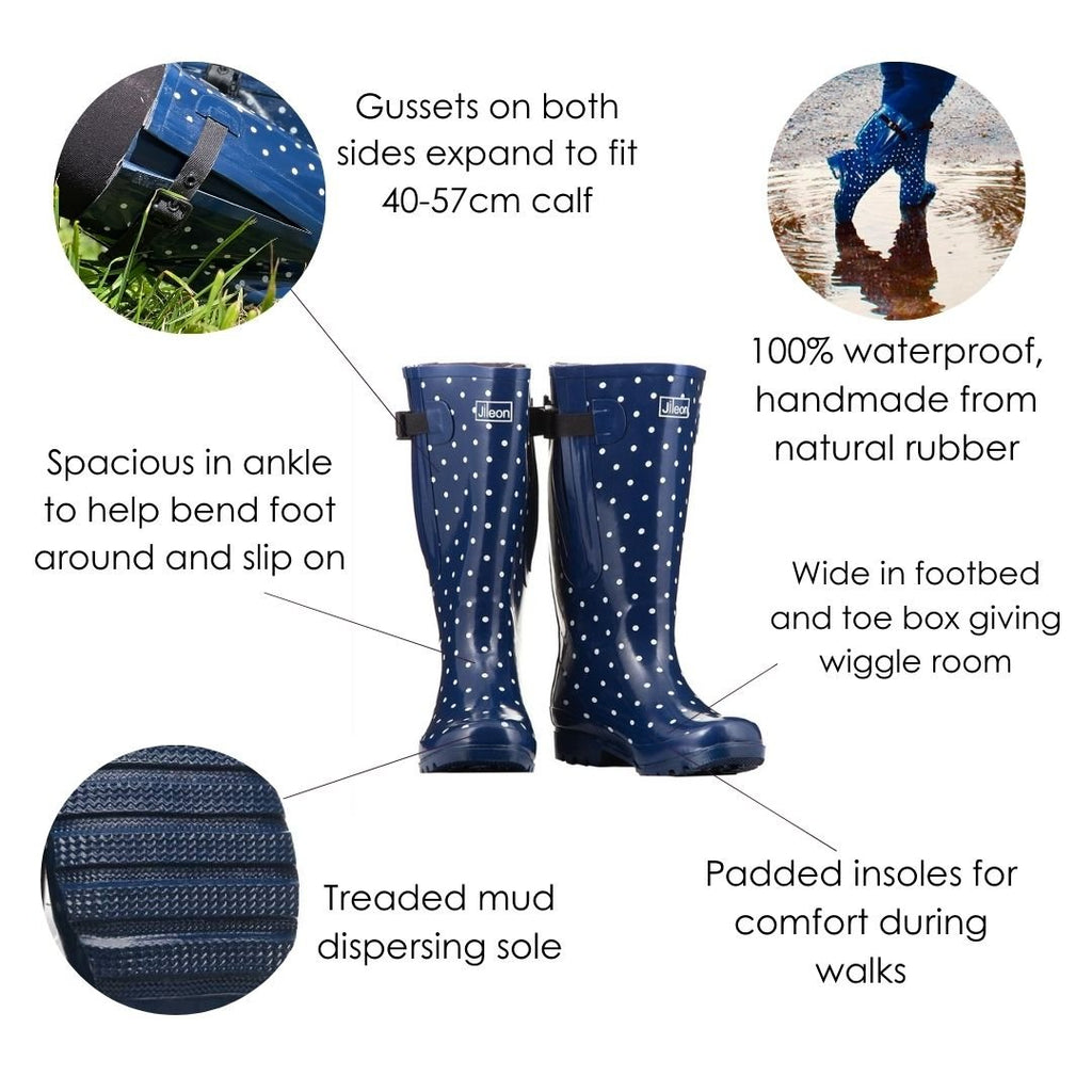 Extra Wide Calf Navy Spotty Wellies - Wide in Foot and Ankle - Fit 40 ...