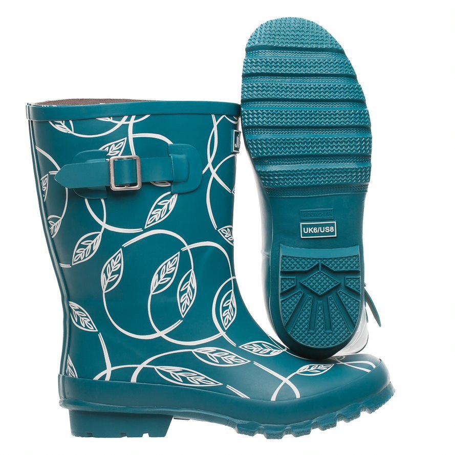 Half Height Teal Leaves Wellies - Wide Foot and Ankle – Jileon Wellies