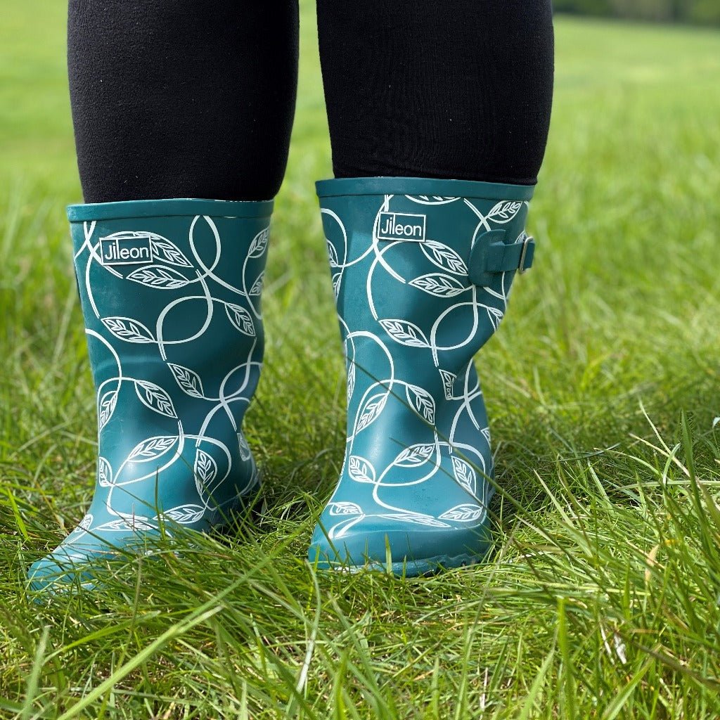 Womens Half Height Wellies - Teal Leaves- Wide Foot and Ankle - Slip On ...