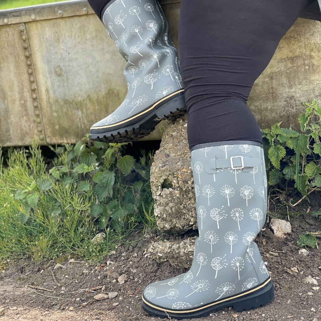 Wide Calf Wellies for Women - Grey Dandelion - Up to 46cm Calf - Wide ...