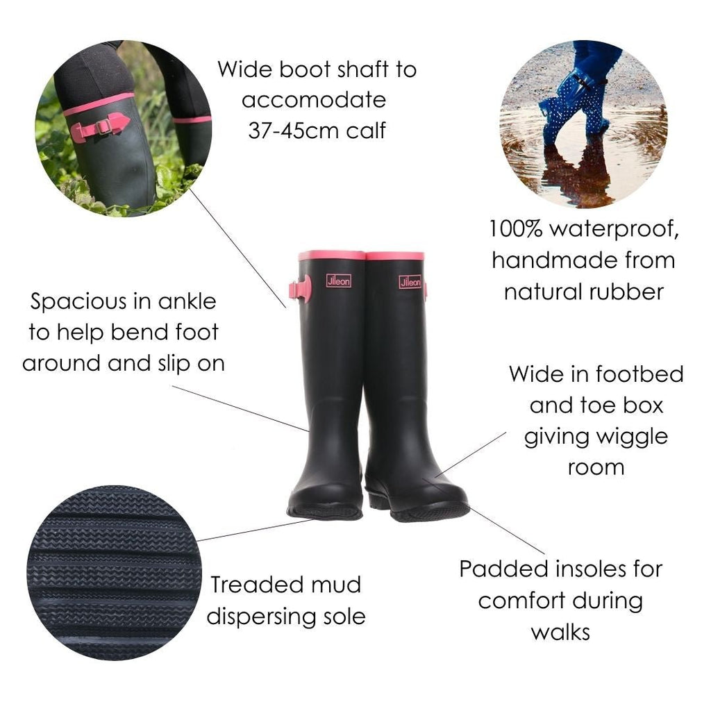 Wide Calf Wellies - Black with Hot Pink Trim- Wide in Foot and Ankle ...